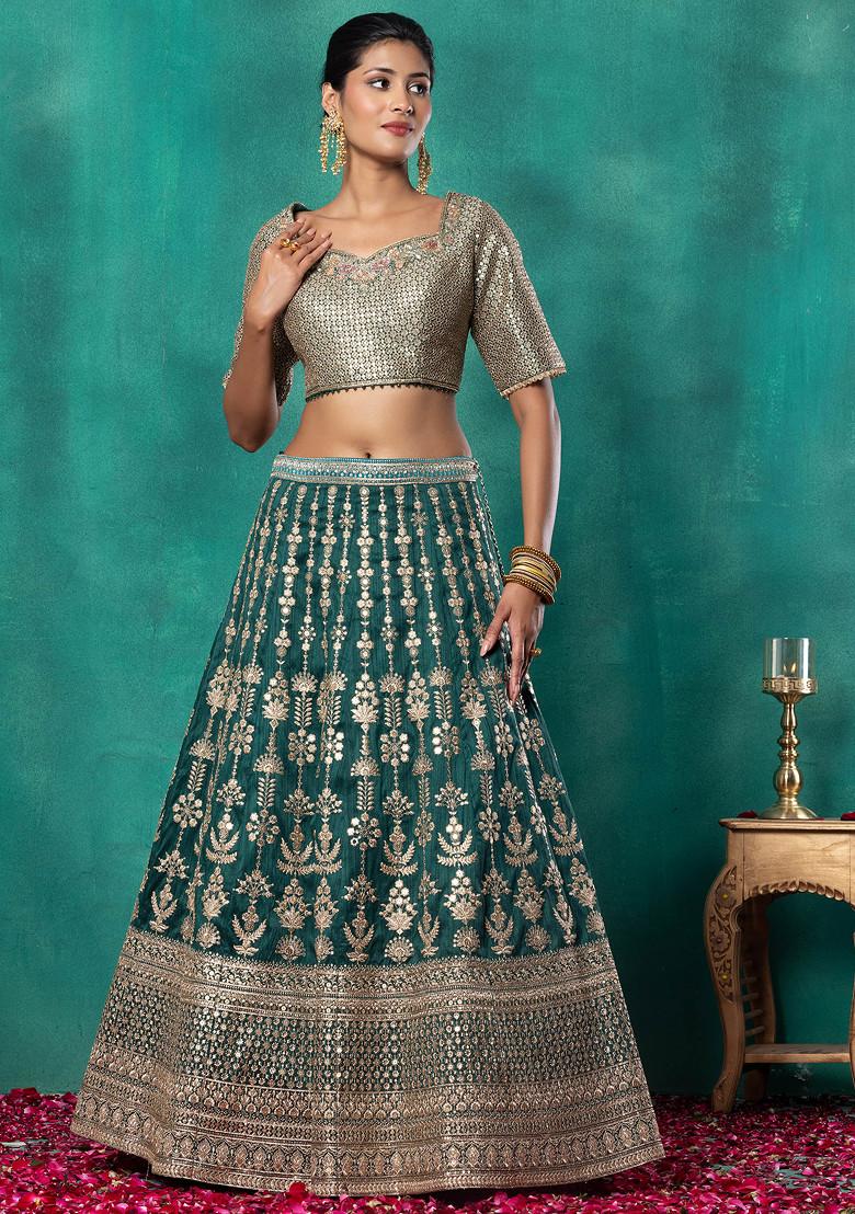 Buy Women Deep Green Floral Zari Sequin Embroidered Bridal Lehenga Set