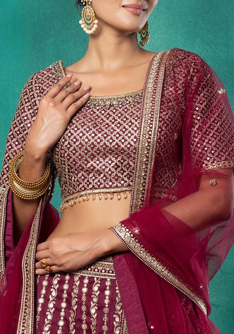Buy Women Burgundy Floral Zari Embroidered Bridal Lehenga Set With