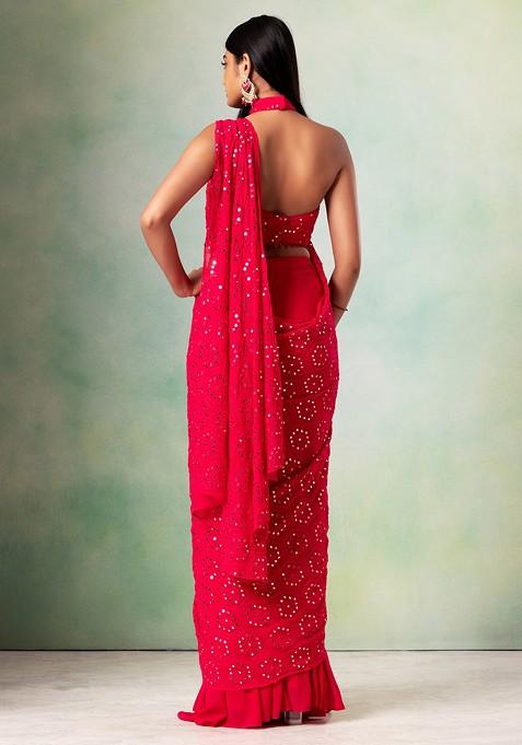 Buy Women Fuchsia Pink Mirror Thread Embroidered Pre-Stitched Saree Set ...