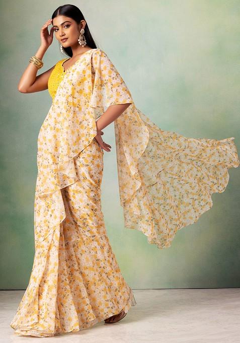 Buy Women Ivory Floral Print Ruffled Pre-Stitched Saree Set With Mirror ...