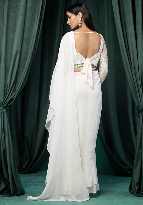 Buy Women Off White Ruffled Pre-Stitched Saree Set With Sequin ...