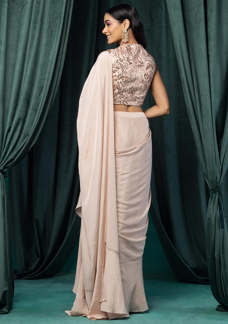 Buy Women Beige Ruffled Pre-Stitched Saree Set With Sequin Hand ...