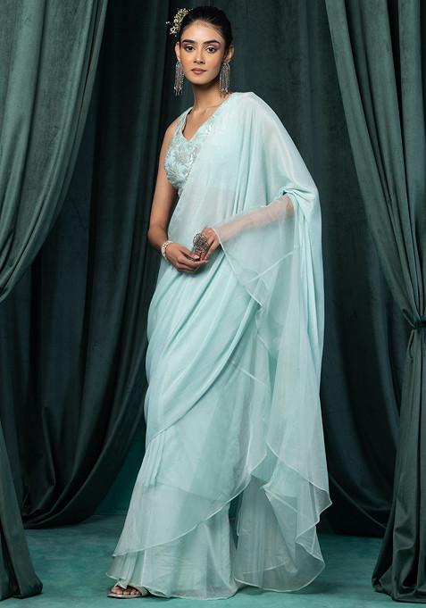 Buy Women Aqua Blue Ruffled Pre-Stitched Saree Set With Sequin Hand ...