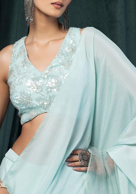 Buy Women Aqua Blue Ruffled Pre-Stitched Saree Set With Sequin Hand ...