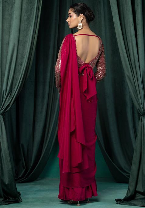 Buy Women Wine Ruffled Pre-Stitched Saree Set With Sequin Zari ...
