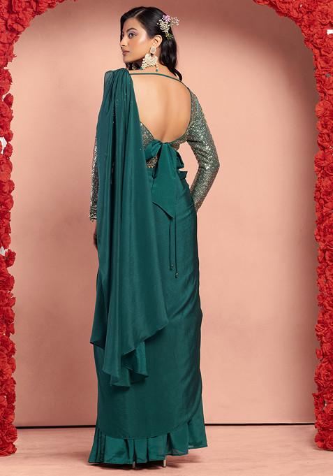 Buy Women Forest Green Ruffled Pre-Stitched Saree Set With Sequin Zari ...