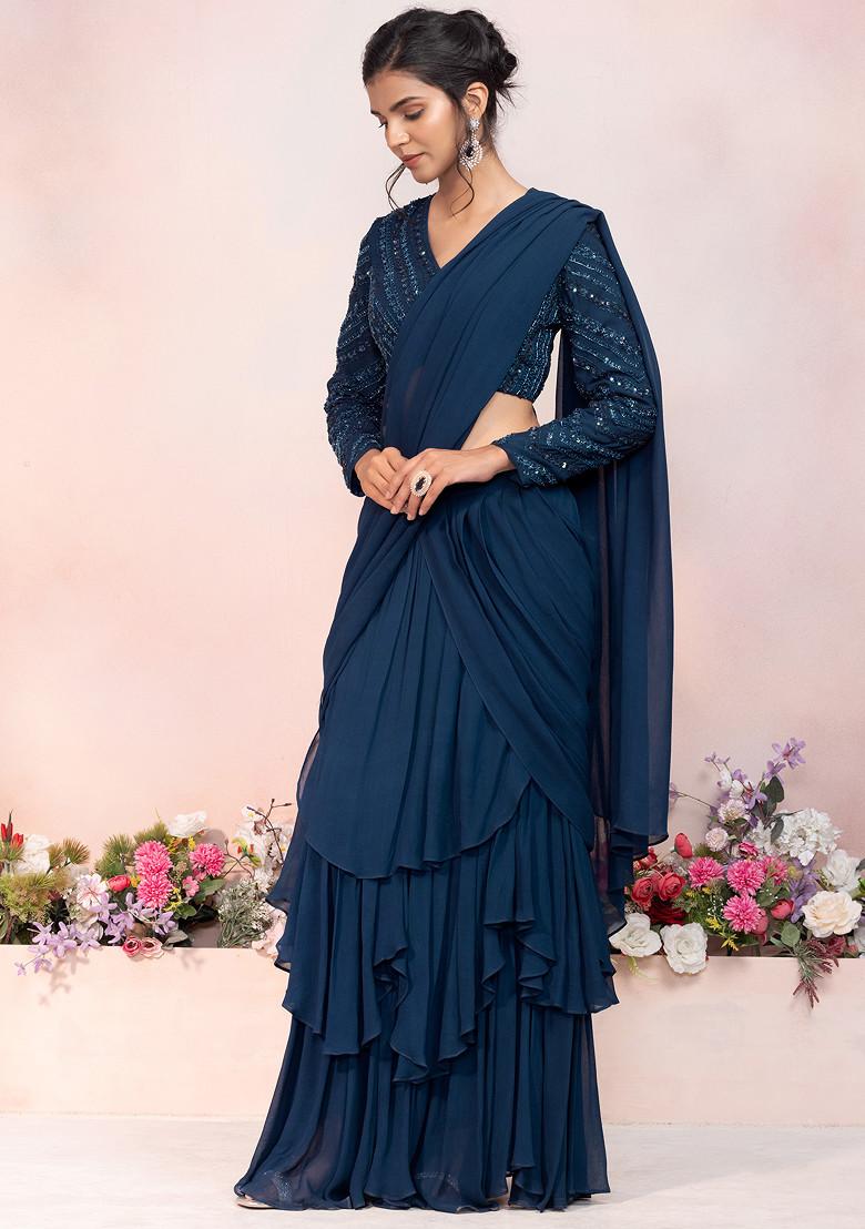 Buy Women Teal Blue Ruffled Pre-Stitched Saree Set With Sequin Hand ...