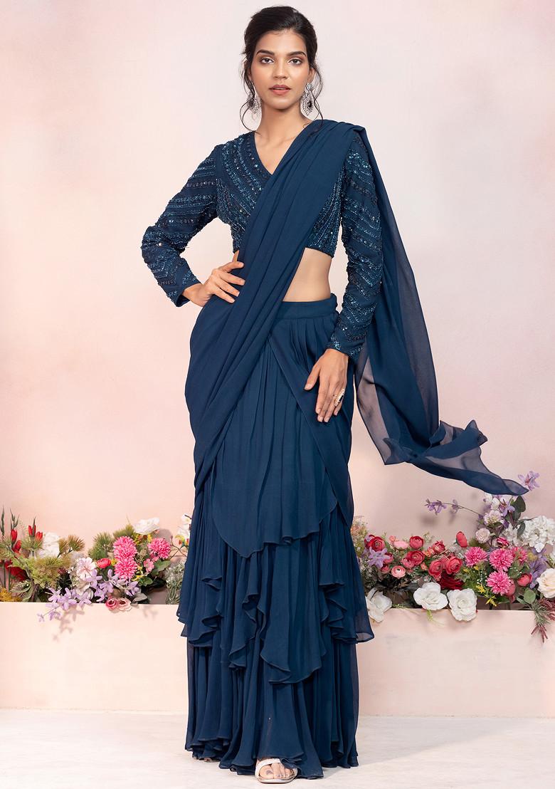 Buy Women Teal Blue Ruffled Pre-Stitched Saree Set With Sequin Hand ...