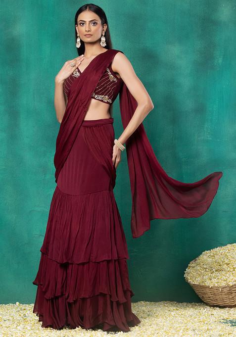 Buy Women Maroon Ruffled Pre-Stitched Saree Set With Floral Mirror ...