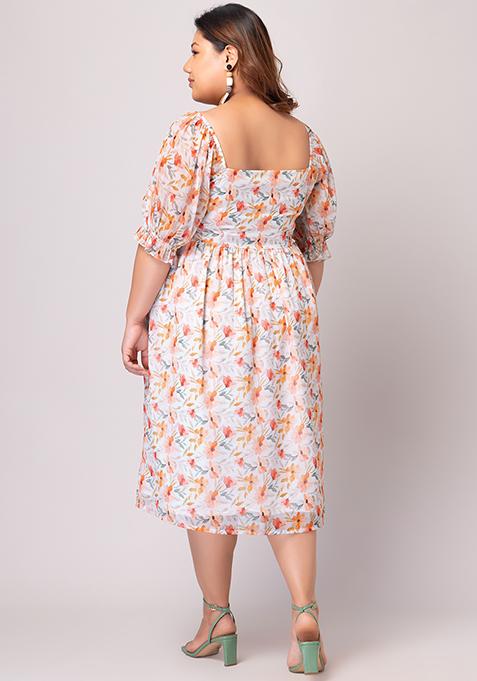 Buy Women Plus Size White Floral Print Puff Sleeve Dress Curve Shift