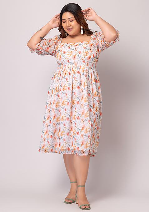 Buy Women Plus Size White Floral Print Puff Sleeve Dress Curve Shift
