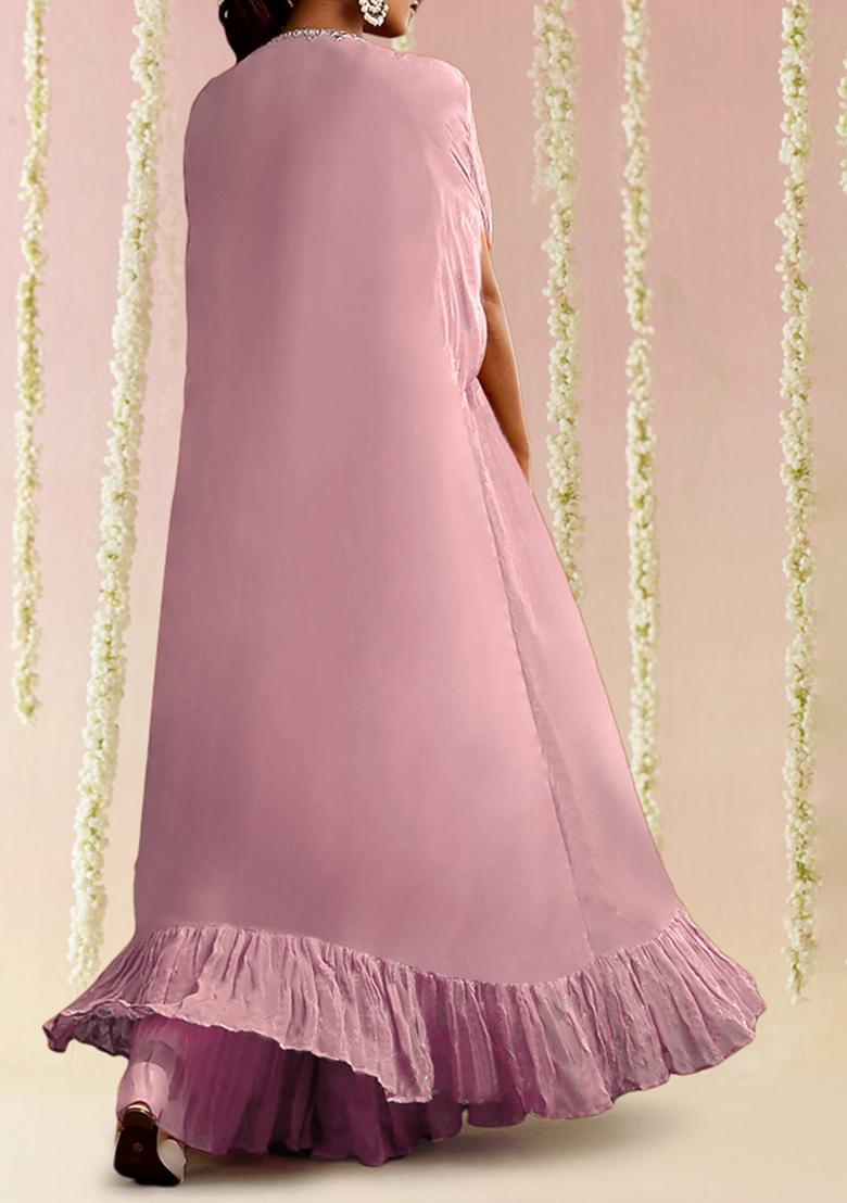 Buy Women Pink Jacket Set With Hand Embroidered Blouse And Sharara ...