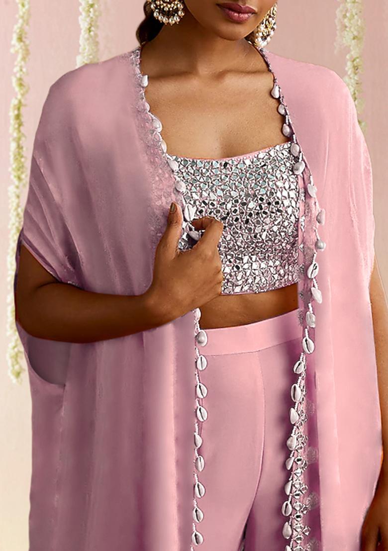 Buy Women Pink Jacket Set With Hand Embroidered Blouse And Sharara ...