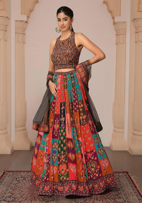 Buy Women Multi Lehenga Set With Hand Embroidered Blouse And Dupatta ...