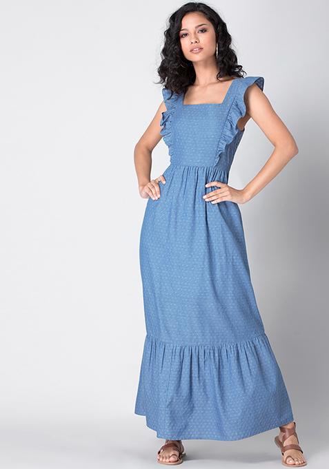 Buy Women Blue Chambray Frilled Maxi Dress Honeymoon Dress Online