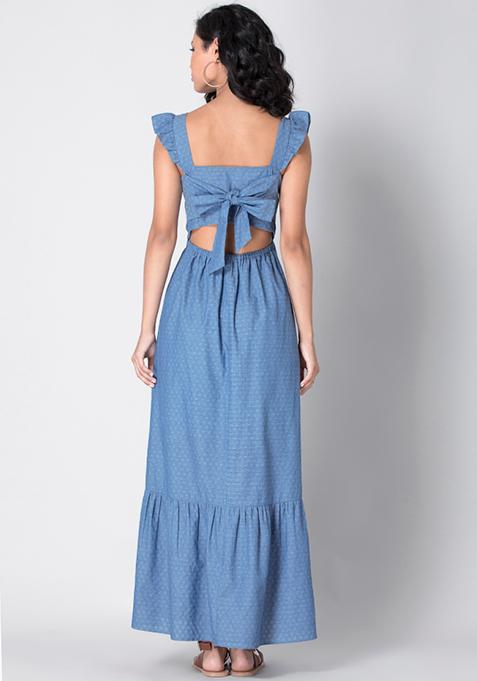 Buy Women Blue Chambray Frilled Maxi Dress Honeymoon Dress Online
