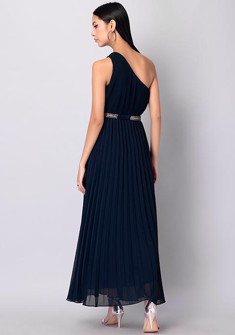 Buy Women Navy Blue One Shoulder Maxi Dress With Embellished Belt