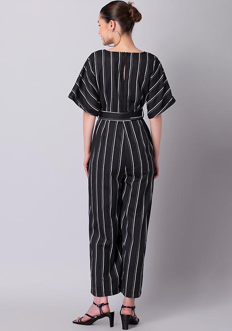 Buy Women Black Striped Belted Jumpsuit Trends Online India Faballey
