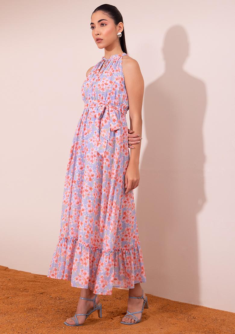 Buy Women Light Blue Floral Print Halter Neck Maxi Dress With Belt