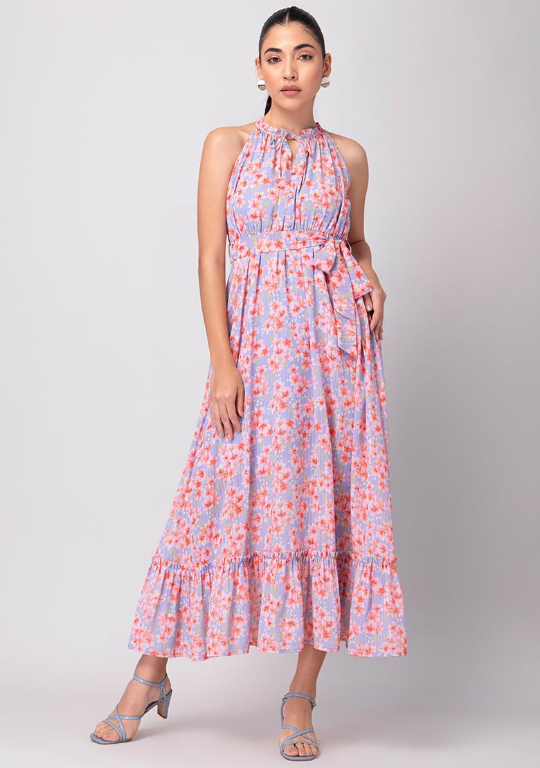 Buy Women Light Blue Floral Print Halter Neck Maxi Dress With Belt