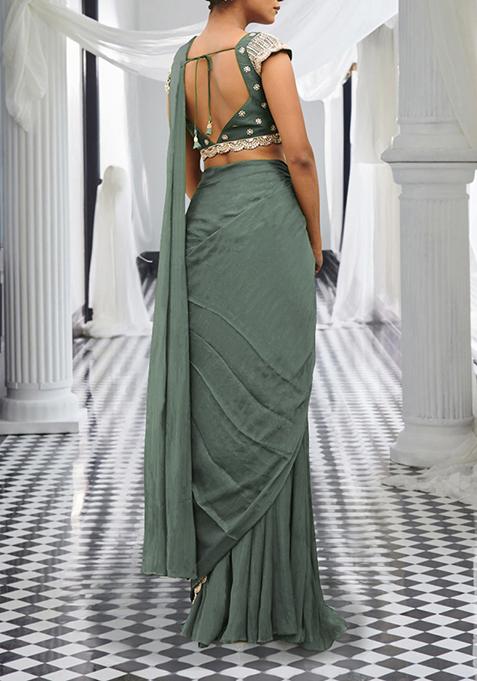 Buy Women Green Pre-Stitched Saree Set With Hand Embroidered Blouse ...