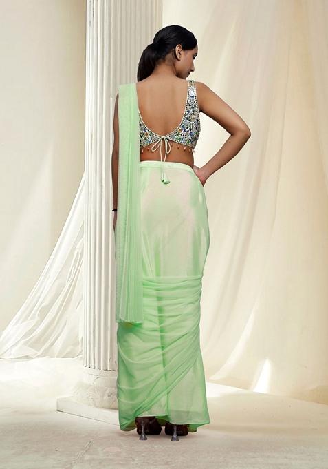 Buy Women Green Hand Embroidered Pre-Stitched Saree Set With Blouse ...