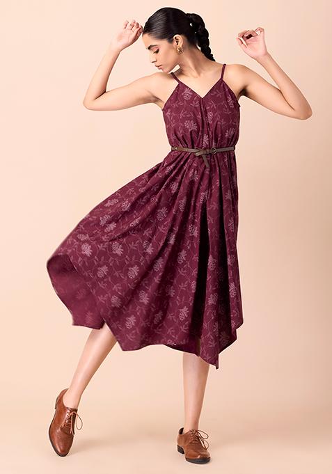 Buy Women Maroon Floral Belted High Low Dress Dresses Indya