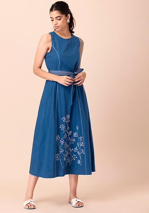 Buy Women Blue Embroidered Maxi Dress With Belt Dresses Indya