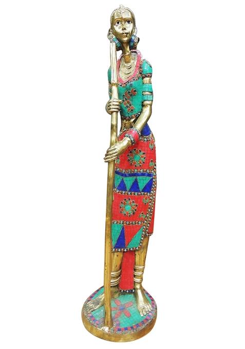 Buy Women Brass Show Piece Lady With Stick Statue - HST01536 - Brass ...
