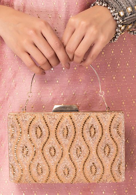 Buy Women Pastel Pink Bead Embroidered Clutch - IBG00137 - Beaded - Indya