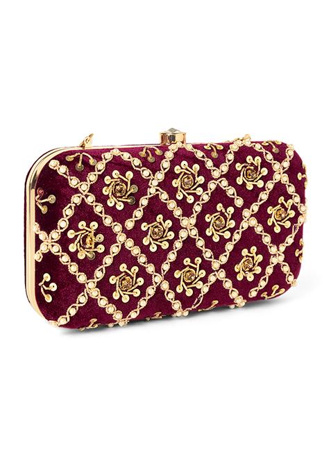 Buy Women Maroon Zardozi Embroidered Clutch - IBG00156 - Clutches - Indya
