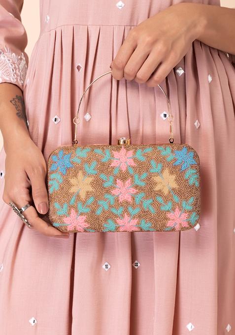 Buy Women Pink Bead Embroidered Clutch - IBG00158 - Beaded - Indya