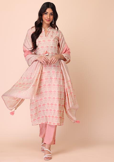 Buy Women Pink Batik Print Muslin Kurta With Pants And Dupatta (Set Of ...