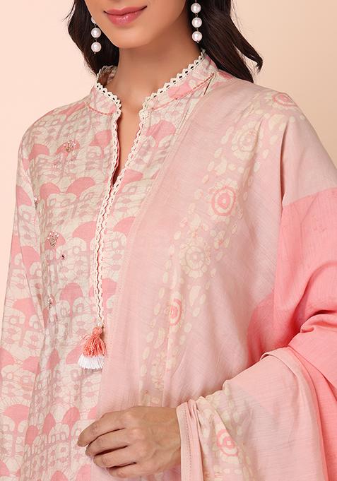Buy Women Pink Batik Print Muslin Kurta With Pants And Dupatta (Set Of ...