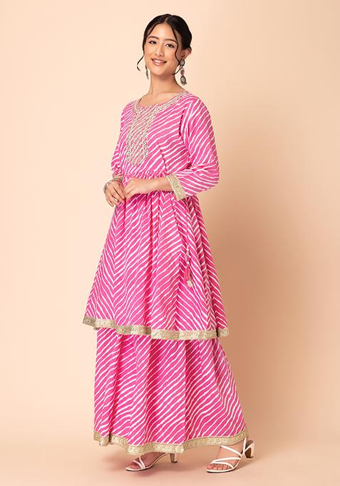 Buy Women Pink Leheriya Print Cotton Sharara Pants With Kurta And ...