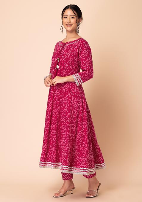 Buy Women Pink Bandhani Print Cotton Anarkali Kurta With Pants And ...