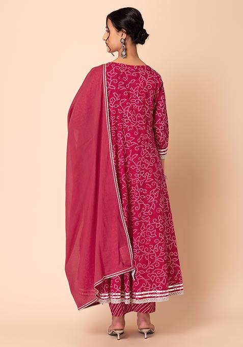 Buy Women Pink Bandhani Print Cotton Anarkali Kurta With Pants And ...