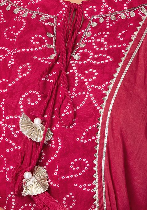 Buy Women Pink Bandhani Print Cotton Anarkali Kurta With Pants And ...