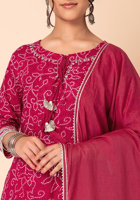 Buy Women Pink Bandhani Print Cotton Anarkali Kurta With Pants And ...