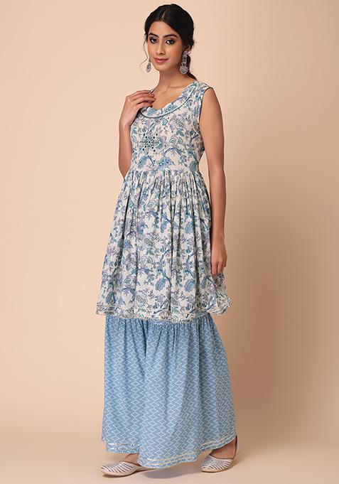 Buy Women Light Blue Floral Jaal Print Short Kurta With Sharara And ...