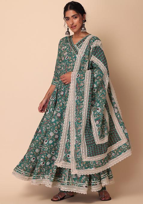Buy Women Turquoise Floral Print Gota Detailed Angrakha Kurta With ...