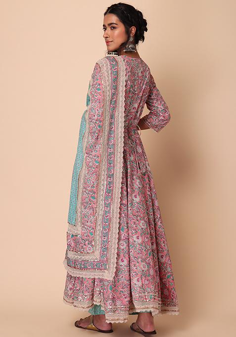 Buy Women Pastel Pink Floral Print Gota Detailed Angrakha Kurta With ...
