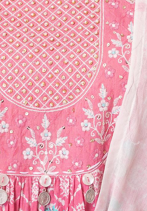 Buy Women Pink Batik Print Cotton Kurta With Pants And Dupatta (Set Of ...