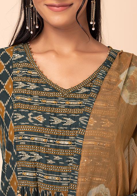 Buy Women Green Batik Print Cotton Kurta With Pants And Dupatta (Set Of ...