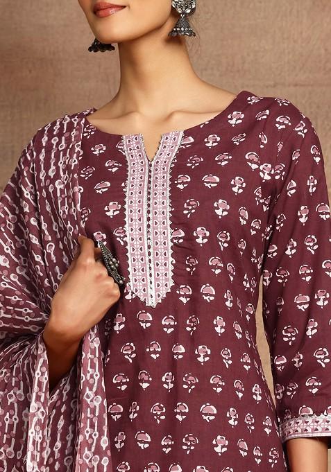 Buy Women Maroon Batik Print Cotton Kurta With Pants And Dupatta (Set ...