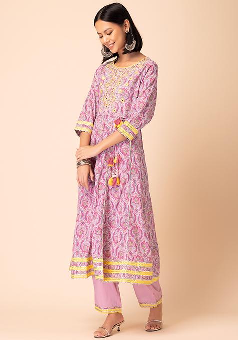 Buy Women Pink Printed And Embroidered Cotton Anarkali Kurta With Pants