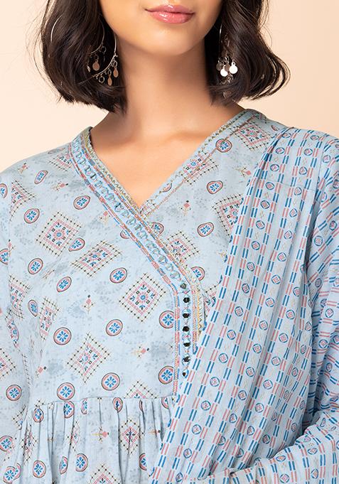Buy Women Light Blue Floral Print Cotton Angrakha Kurta With Pants And ...