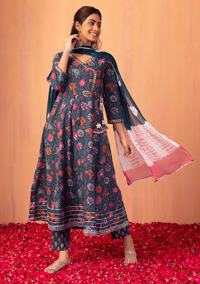 Buy Women Blue Floral Print Cotton Angrakha Kurta With Pants And ...