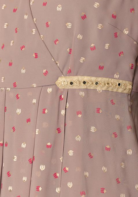 Buy Women Grey Foil Print Angrakha Kurta And Churidar With Dupatta (Set ...