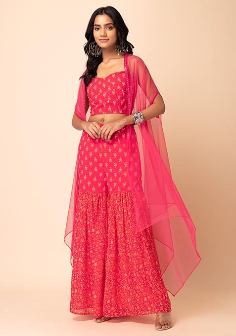 Buy Women Hot Pink Jacket With Floral Print Crop Top And Sharara Set Of 3 Ico00294 Kurta
